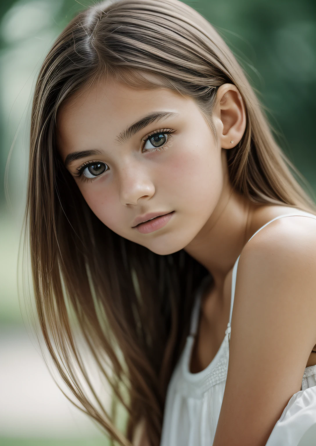 A Close Up Of A Young Girl With Long Hair And A White Top Seaart Ai