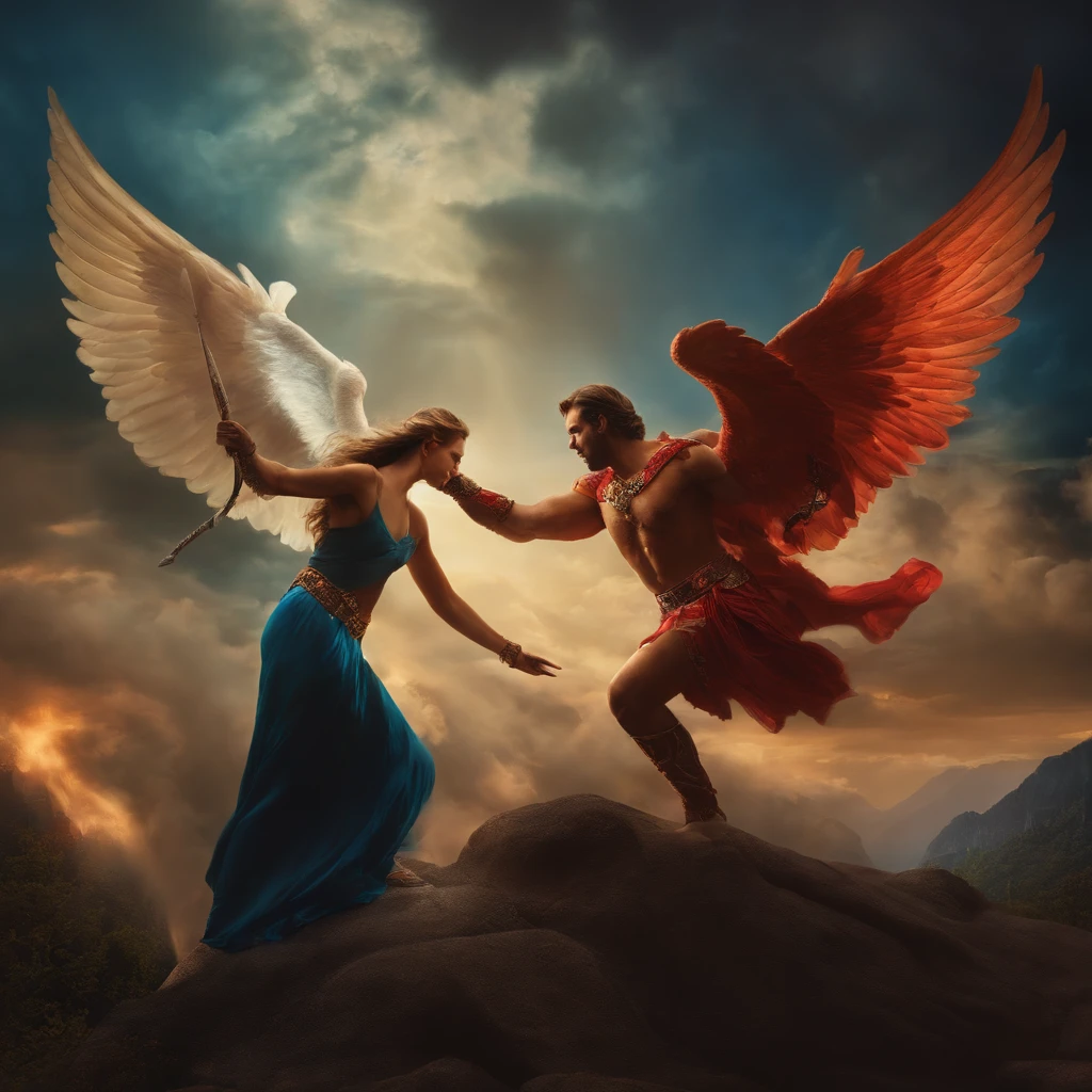 an beautiful angel fighting a demon - SeaArt AI