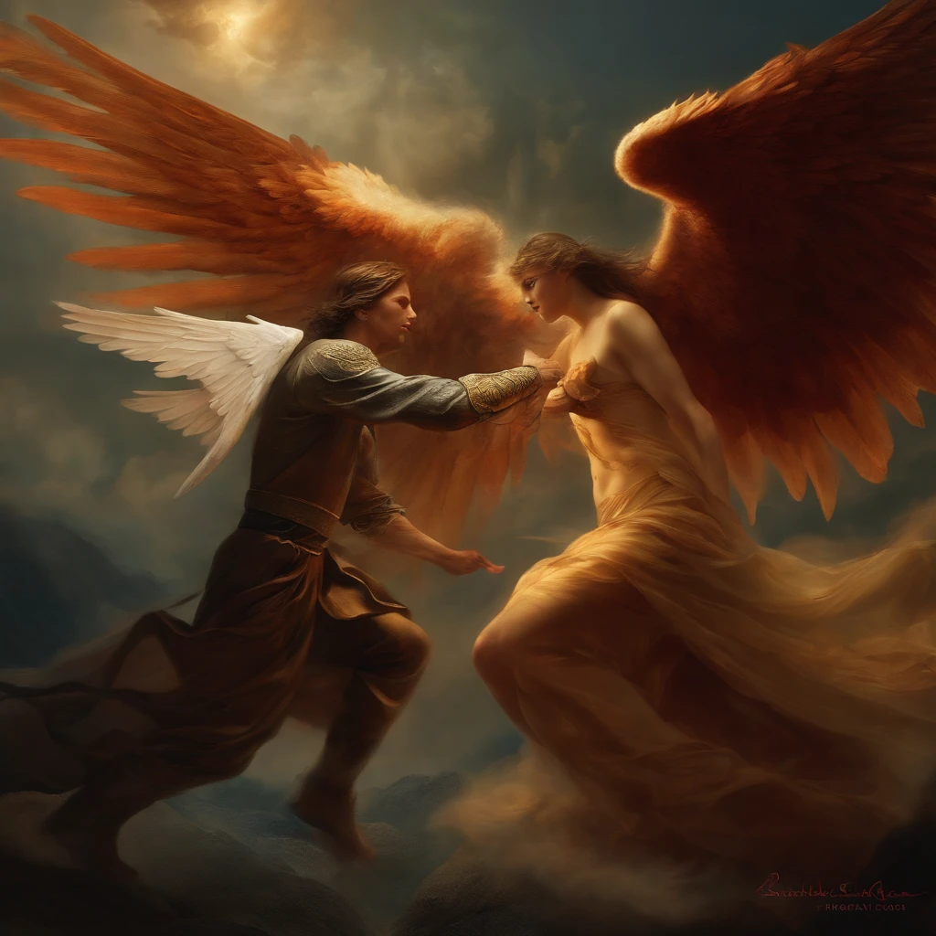 an beautiful angel fighting a demon - SeaArt AI