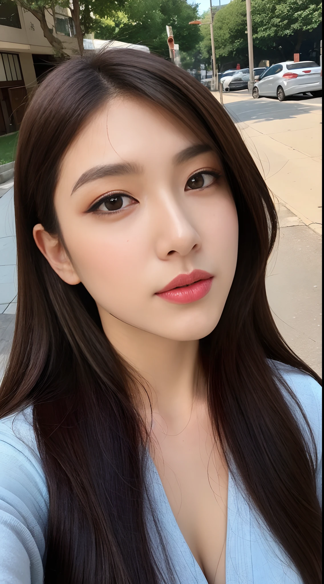 A close up of a woman with long hair and a blue shirt - SeaArt AI