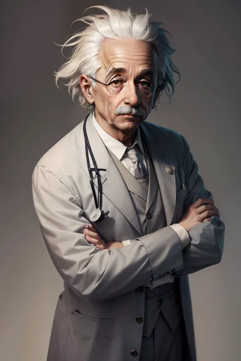 Albert Einstein in a doctor's outfit in front of a gray look - SeaArt AI