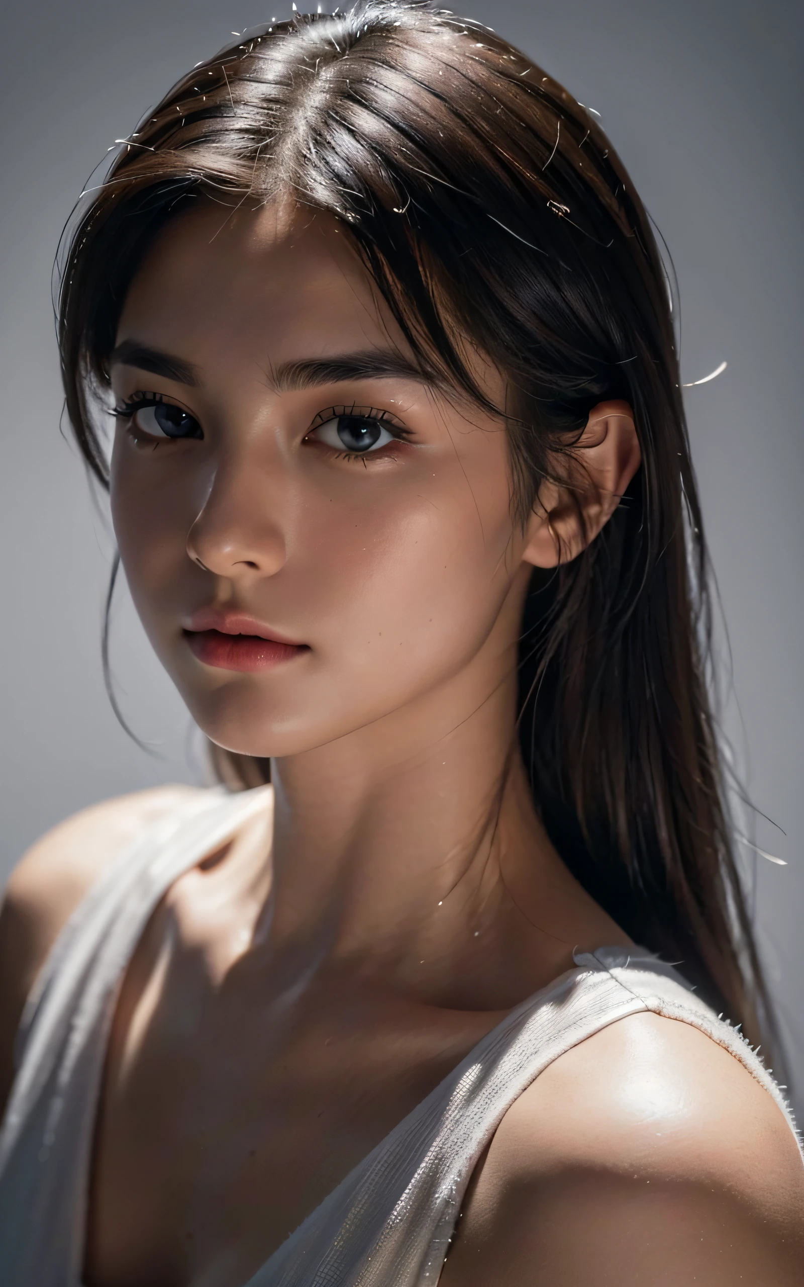 Una mujer con cabello largo y un top blanco posando para una foto. - SeaArt AI