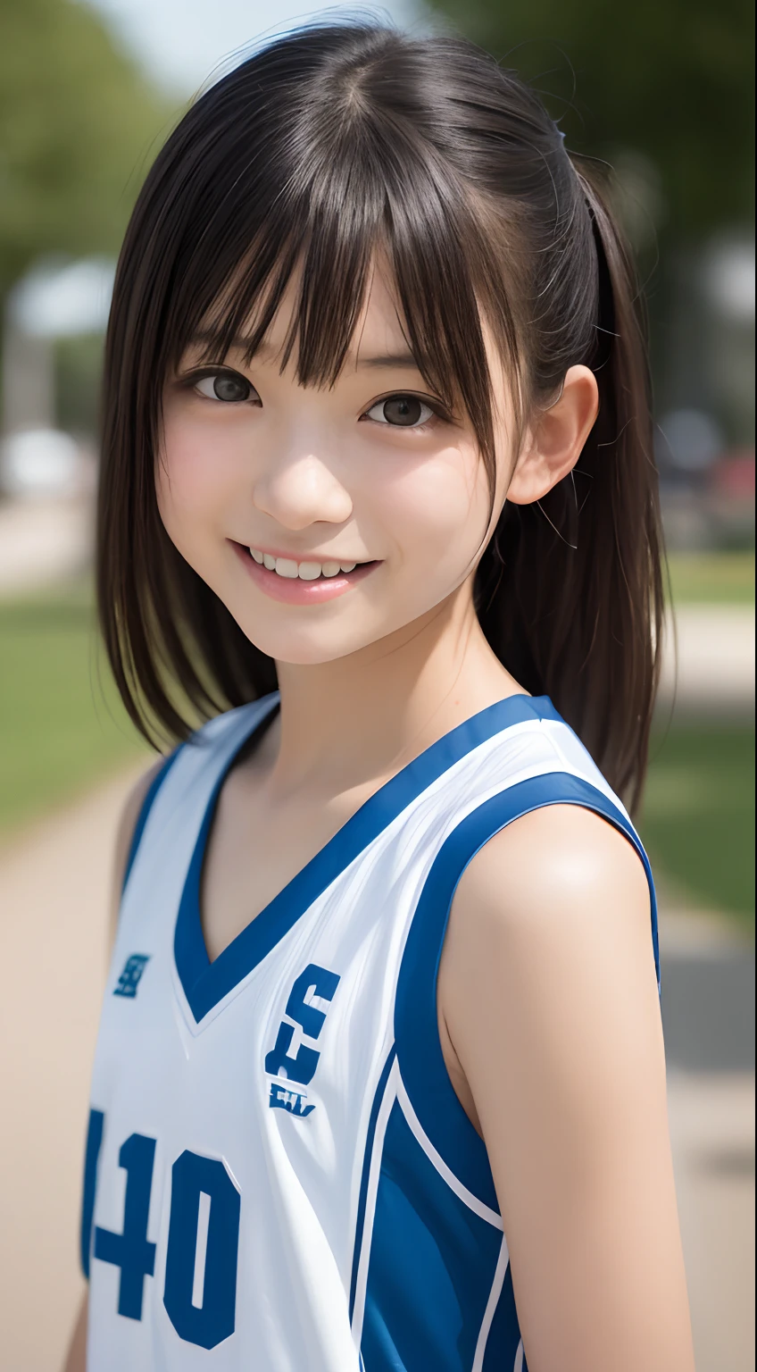 A close up of a young girl in a basketball uniform posing for a picture ...