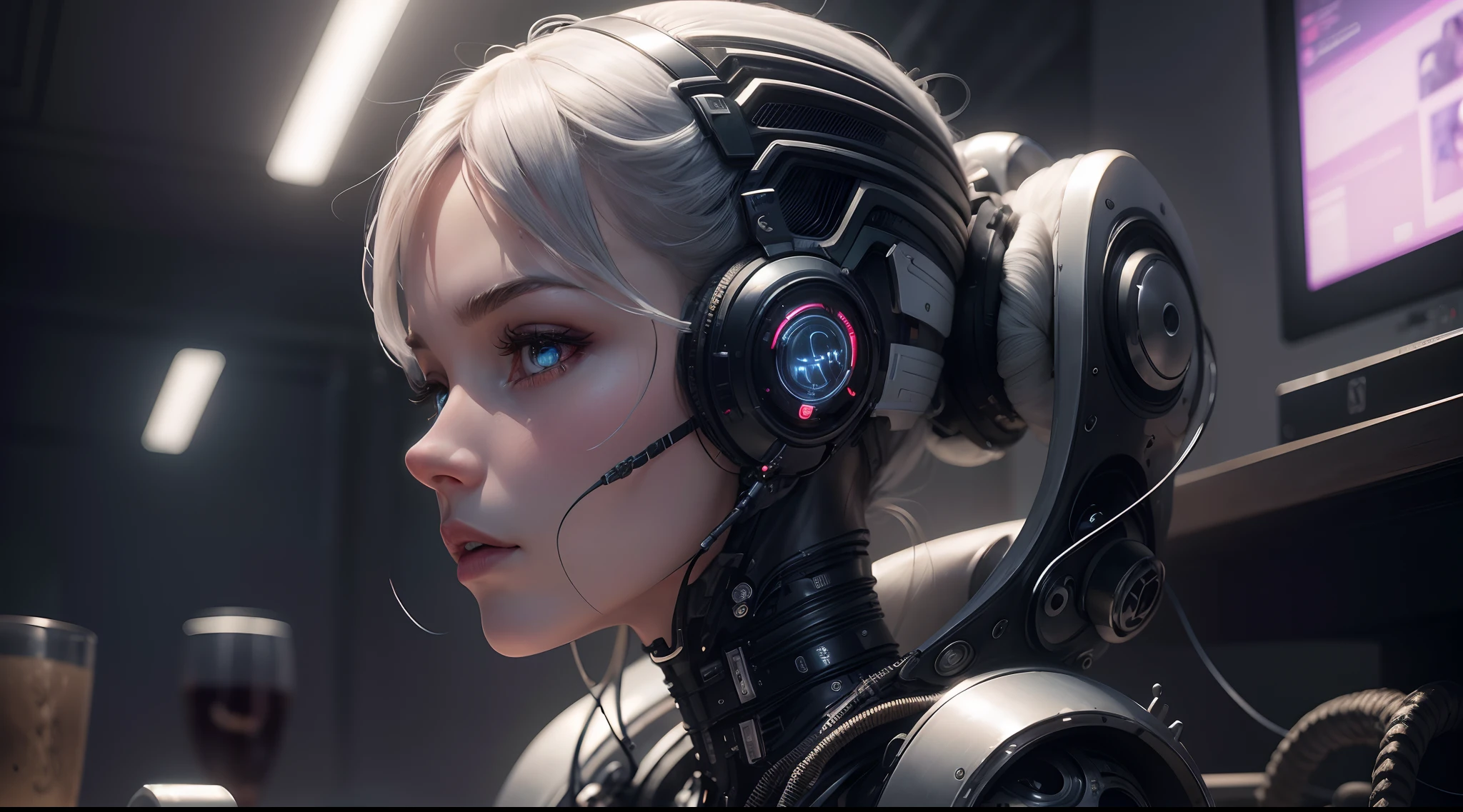 A close up of a person wearing headphones in front of a computer ...