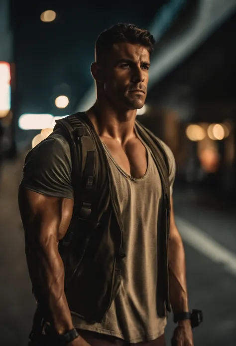 Strong muscular man, street rage, backpack, epic realism, photo - SeaArt AI