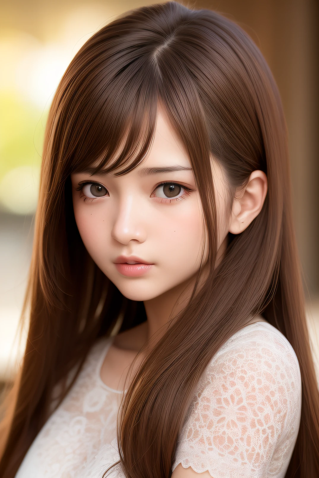 長い茶色の髪と白いトップスを着た女性 Seaart Ai