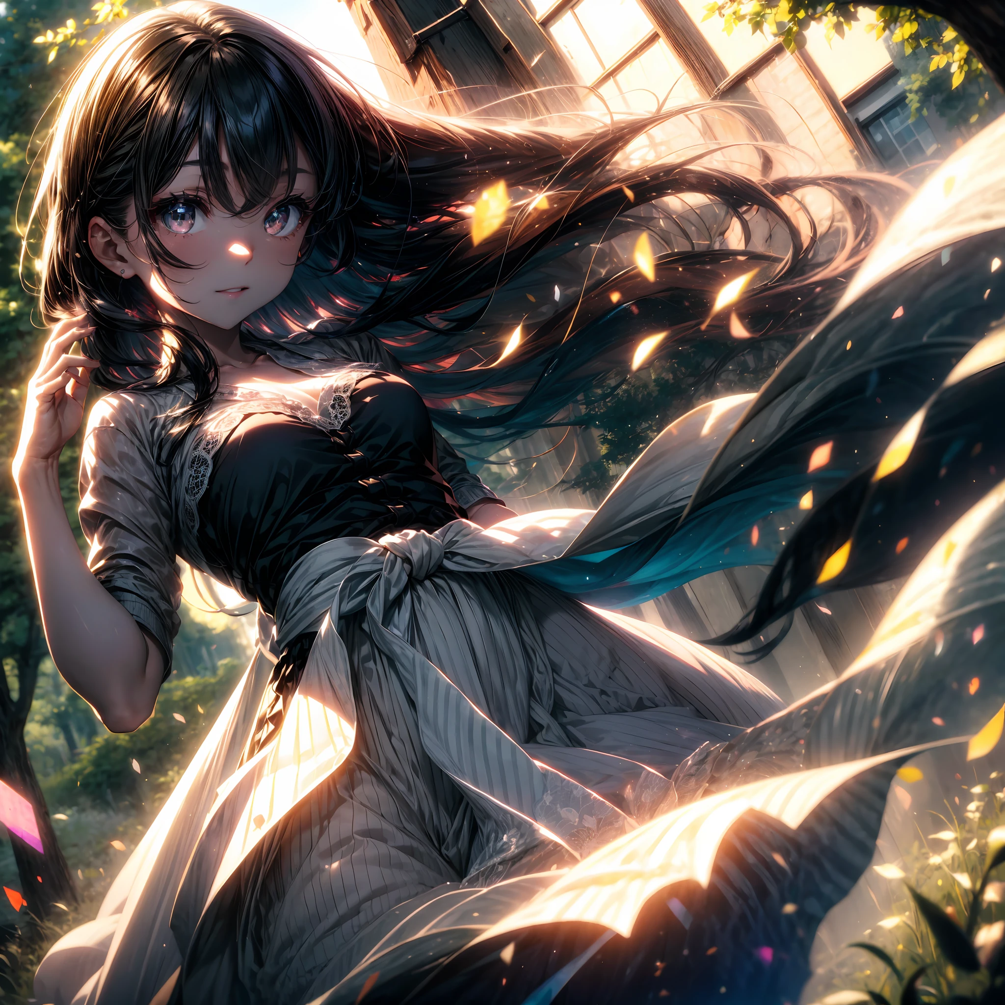 In the midst of a picturesque garden, there stands a beautiful girl who seems to have stepped ...