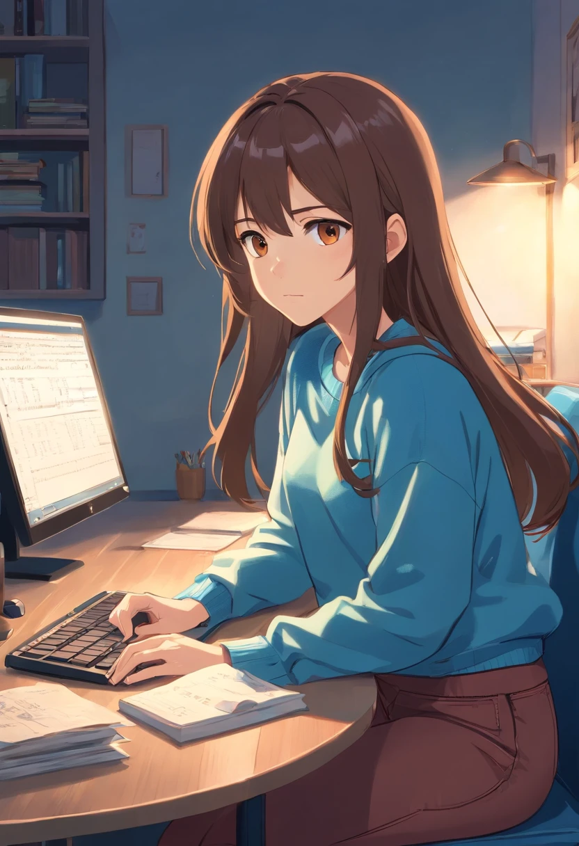 Anime girl sitting at a desk with a computer and keyboard - SeaArt AI