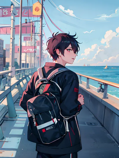 anime boy with backpack lookin - SeaArt AI