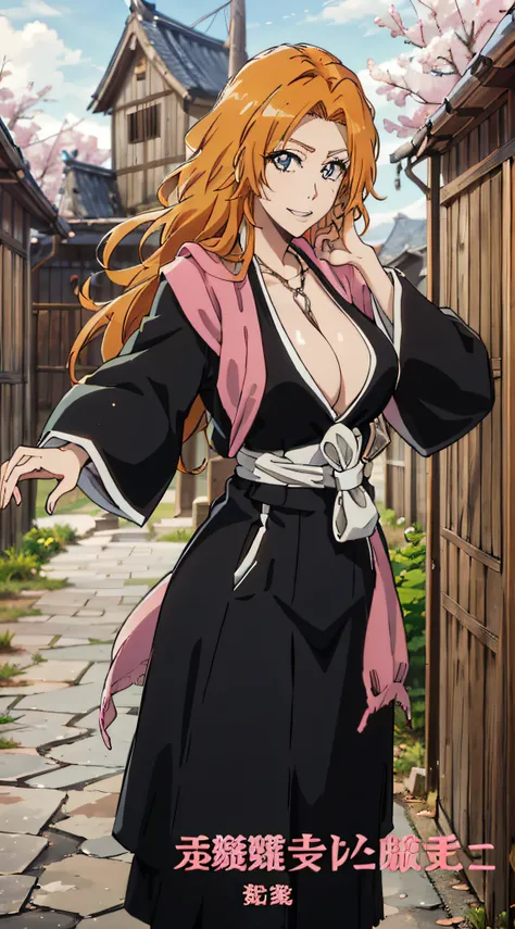 1 girl, Matsumoto Rangiku, huge breasts, japanese village background, official art - SeaArt AI