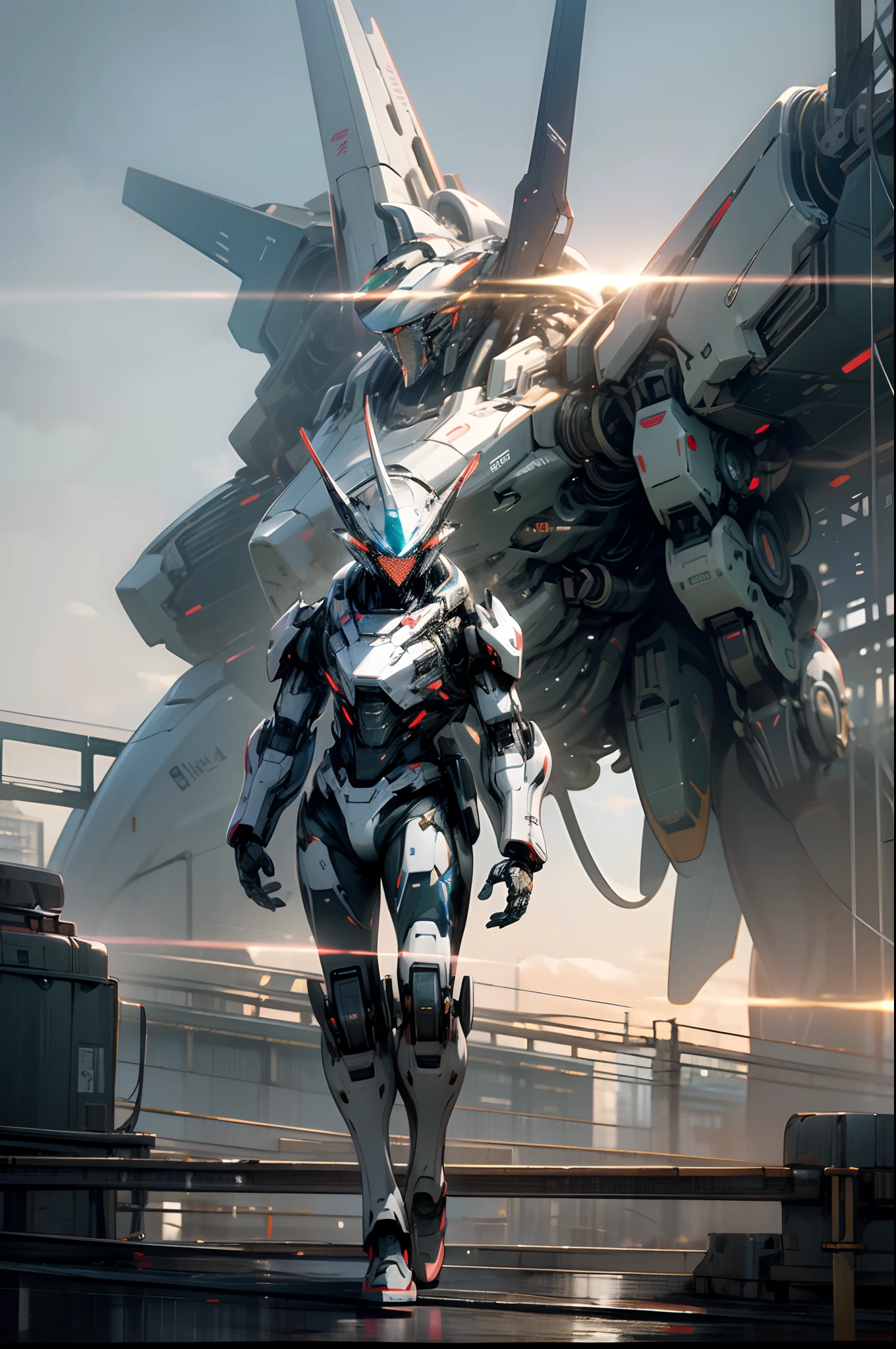 A close up of a robot with a large jet in the background - SeaArt AI