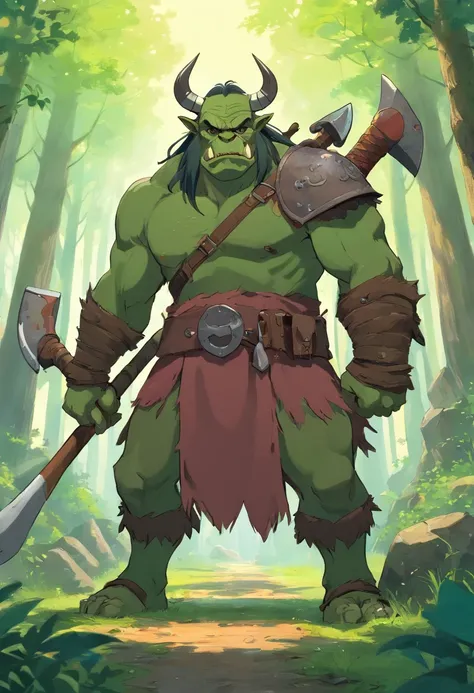 Um orc, feroz, Presas Expostas, With a giant axe in hand, fundo do campo de floresta a noite ...