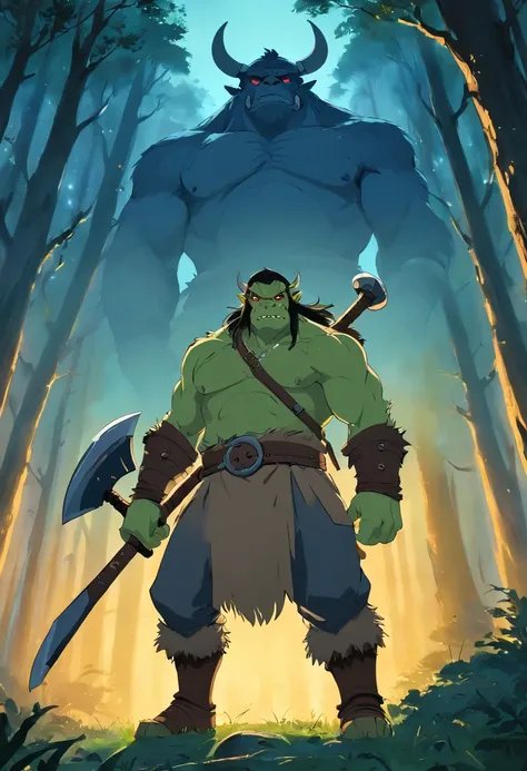 Um guerreiro orc, feroz, Presas Expostas, armadura quebrada, With a giant axe in hand - SeaArt AI
