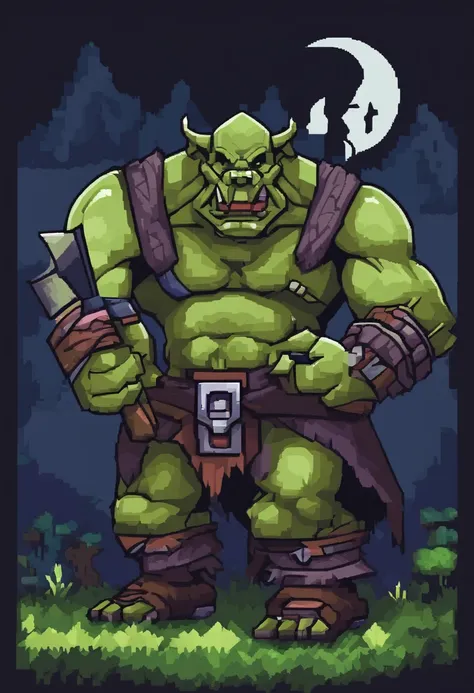 Um orc, feroz, Presas Expostas, With a giant axe in hand, fundo do campo de floresta a noite ...