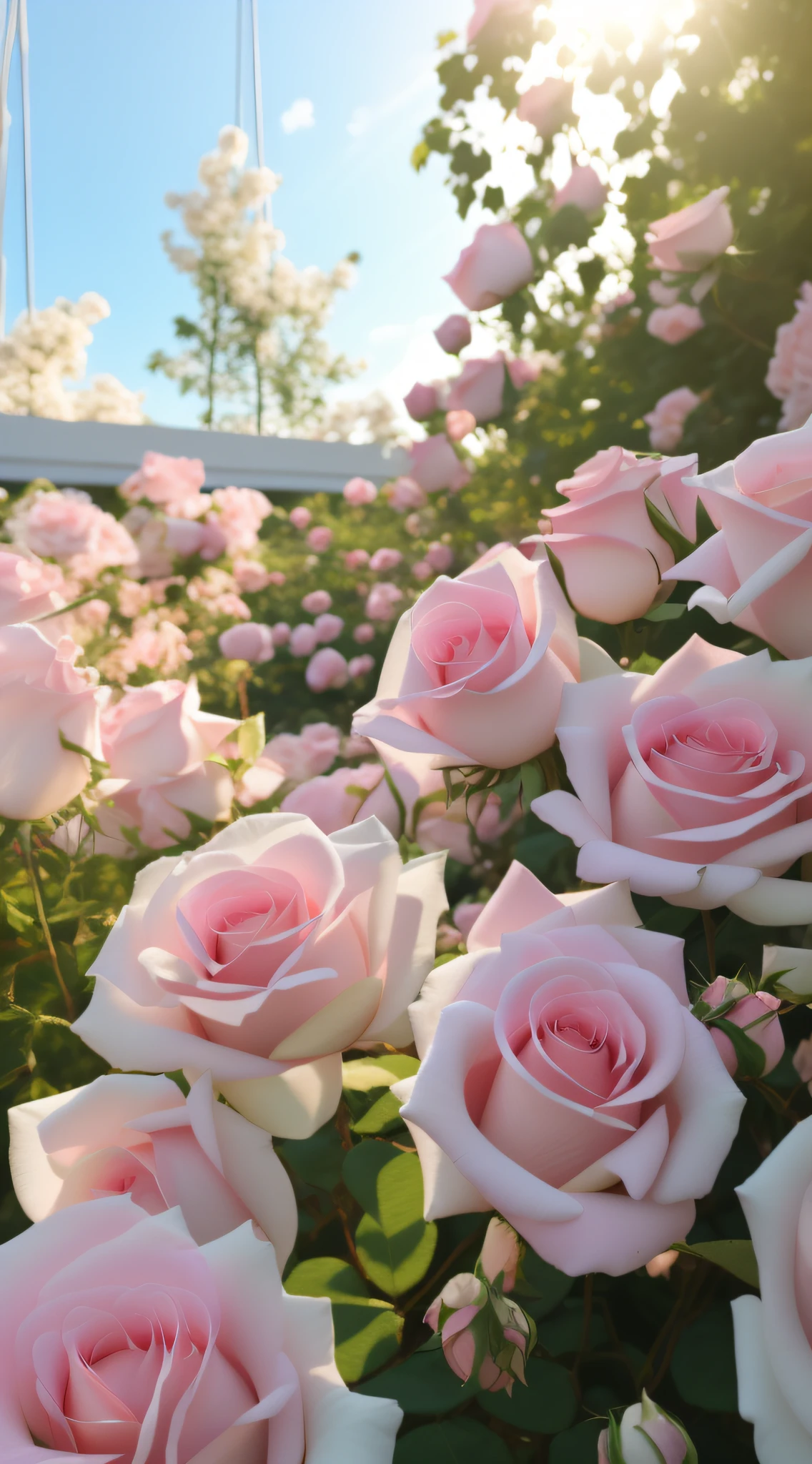 There are many pink roses in a field with a sky background - SeaArt AI