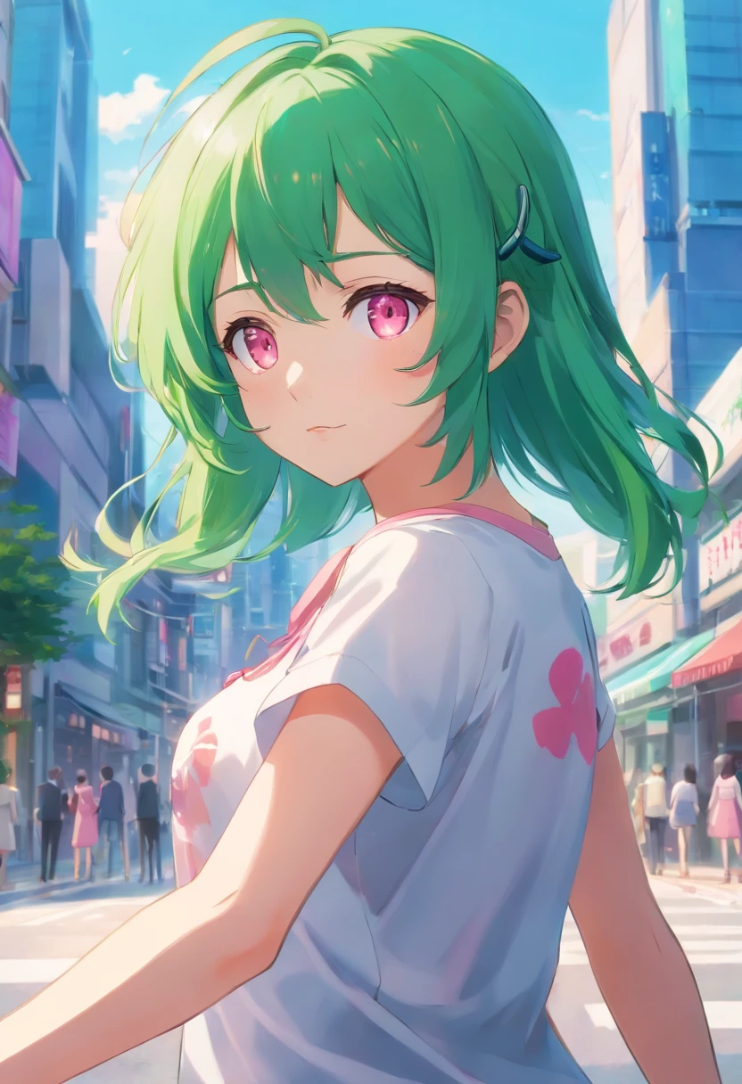 녹색 머리와 분홍색 눈을 가진 여자가 거리를 걷고 있다 - SeaArt AI
