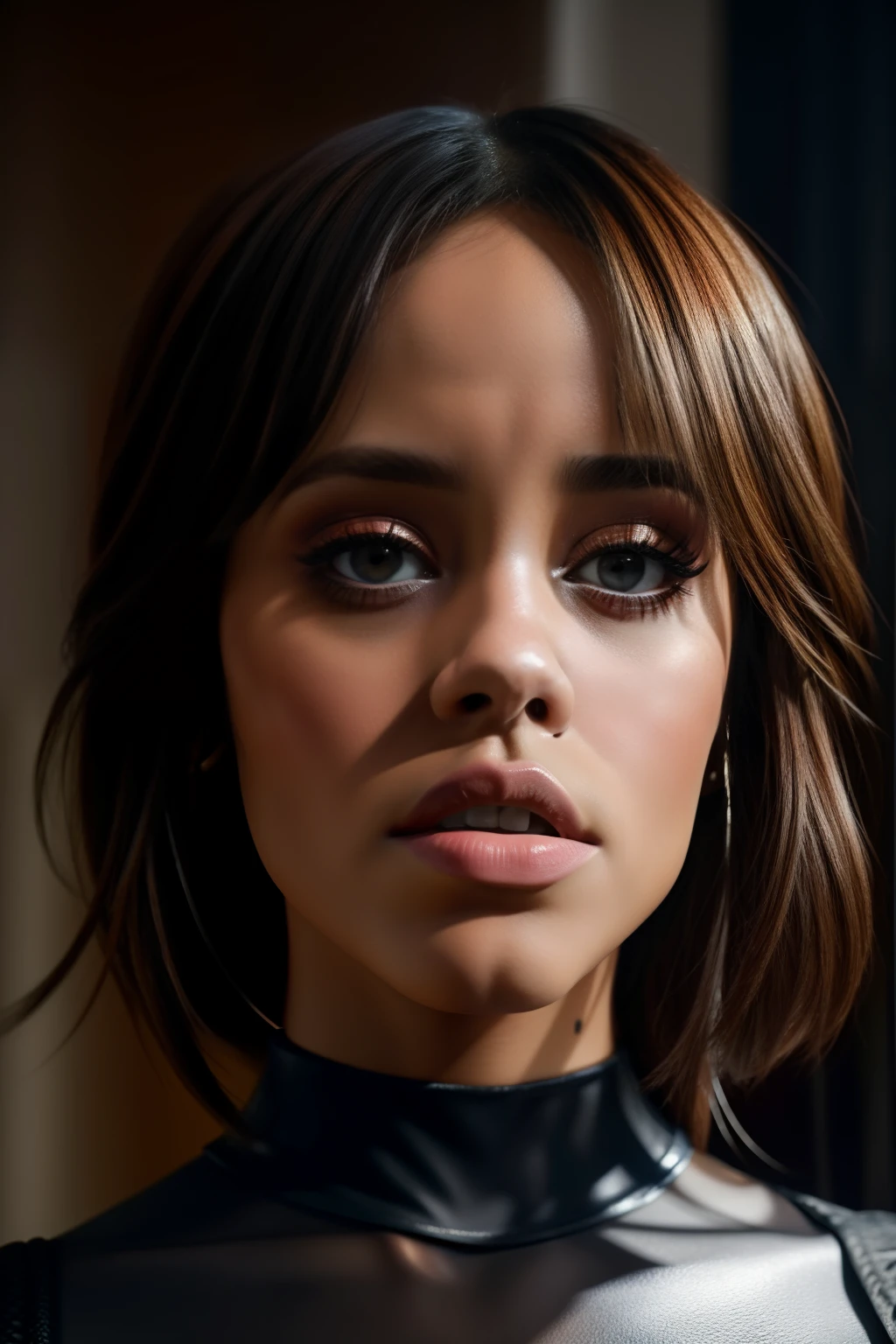 A close up of a woman in a black top and a black choker - SeaArt AI