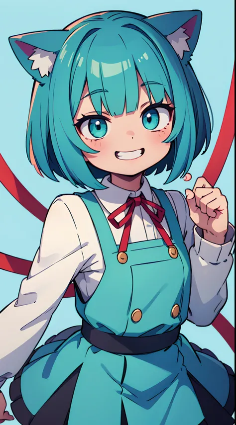 portrait of solo ((catgirl)) (, 9 years old), ((short fluffy turquoise ...