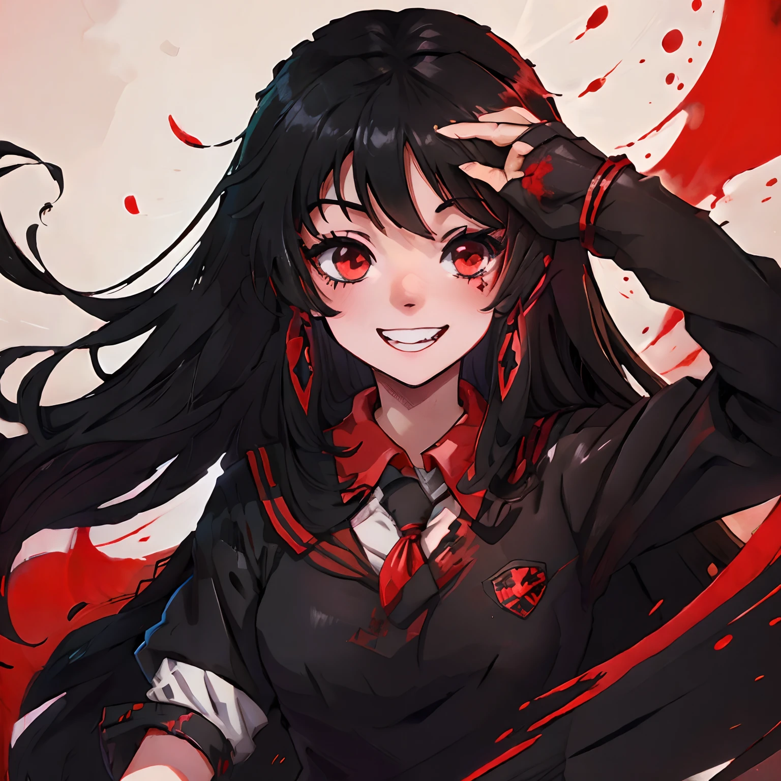 (Long black hair), (red eyes), (black and red uniform) , (blood ...
