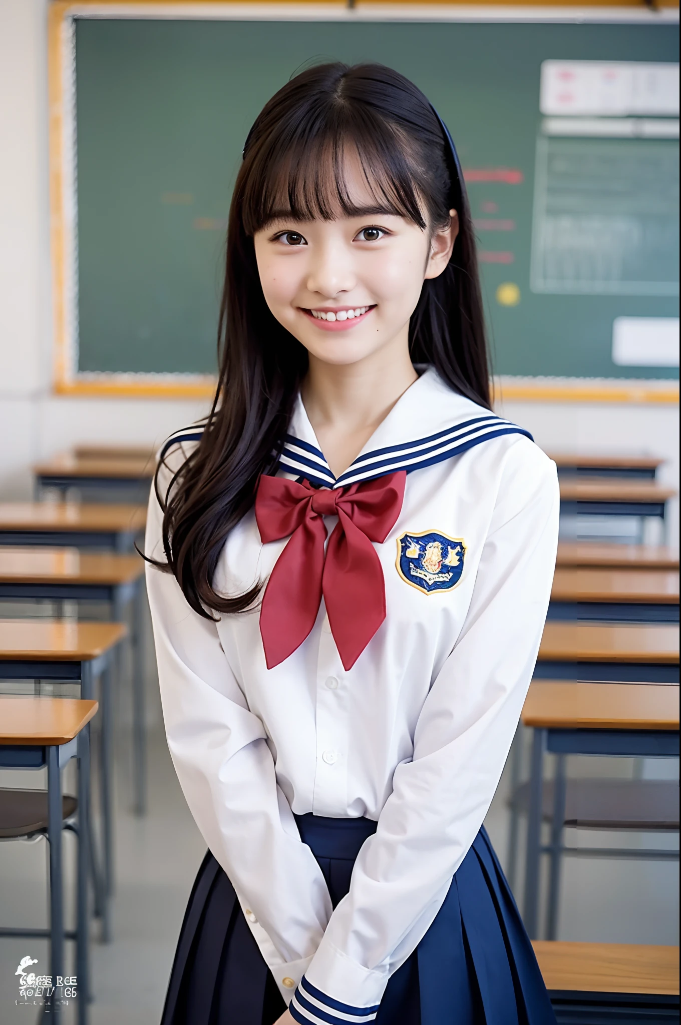 Arafed asian girl in a school uniform standing in front of a blackboard - SeaArt AI