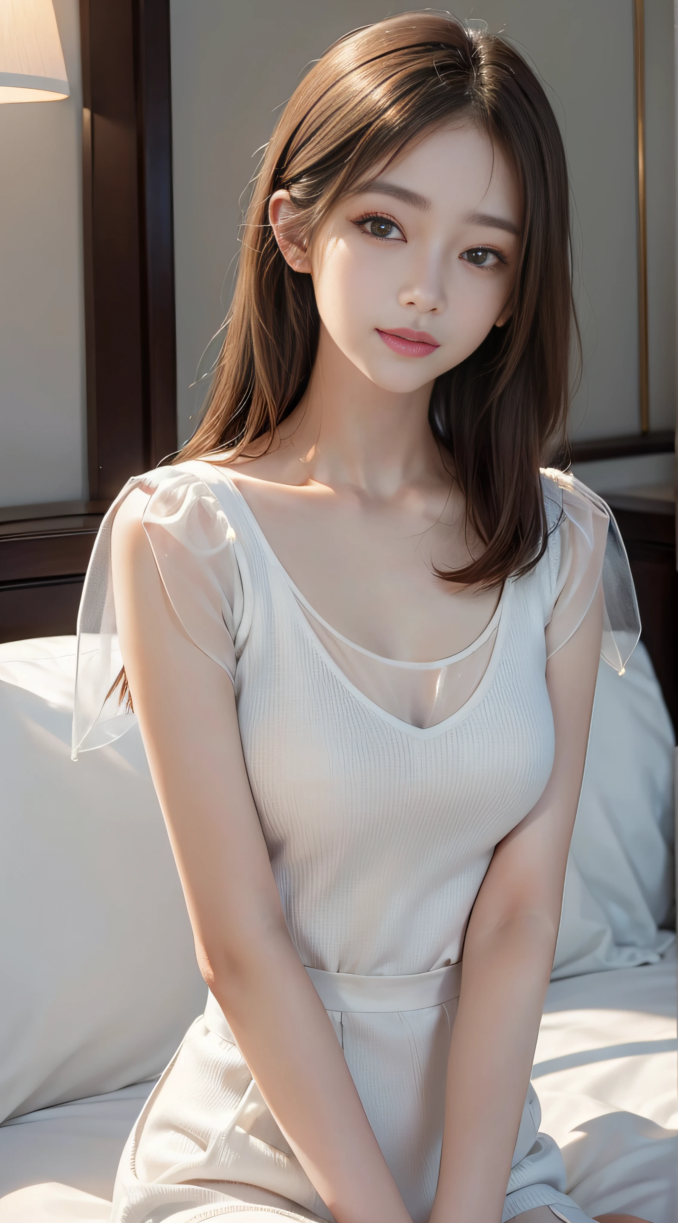 白いドレスを着てベッドに座っている女性 Seaart Ai