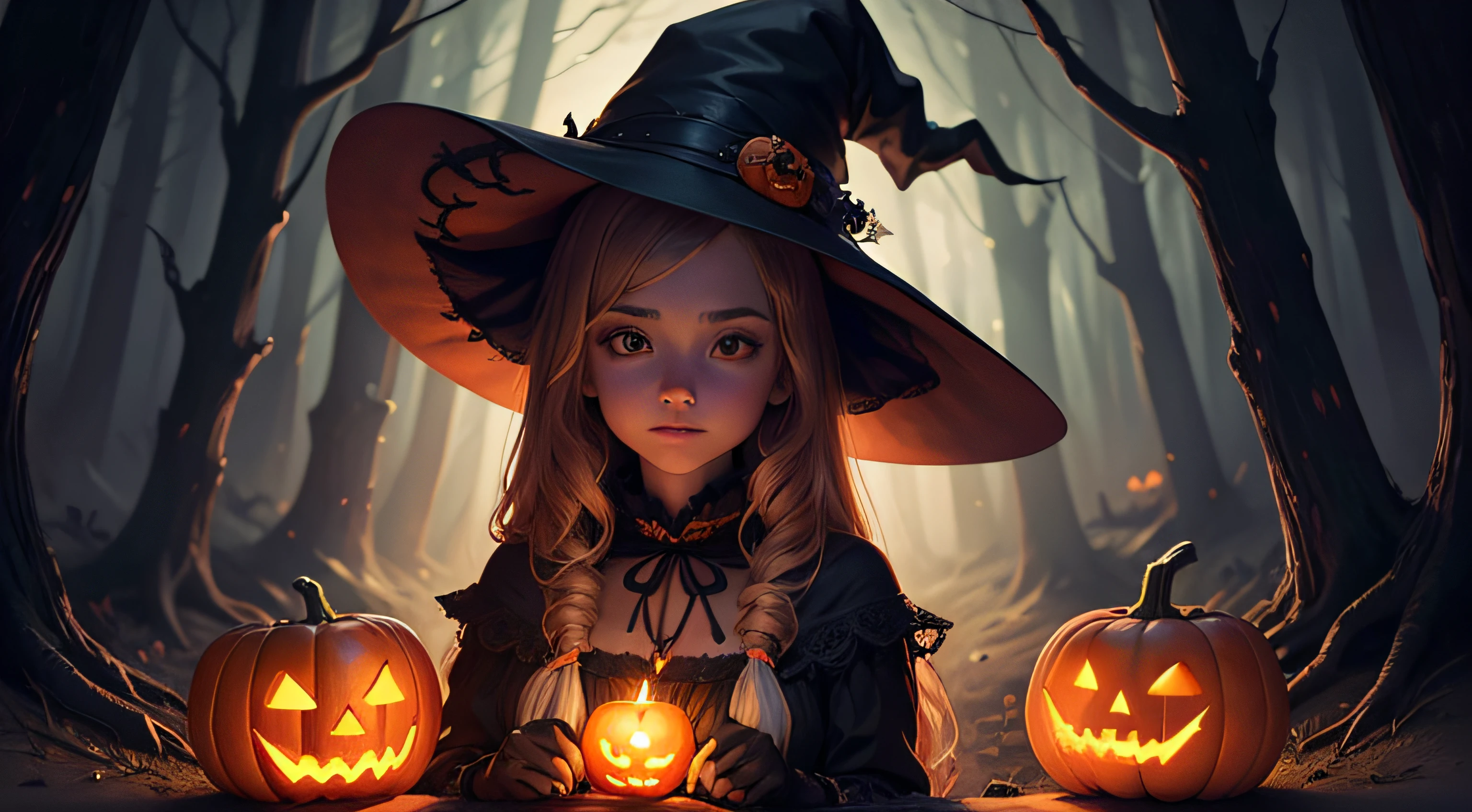 Halloween Witch with a carved Pumpkin and magic lights in a dark forest ...