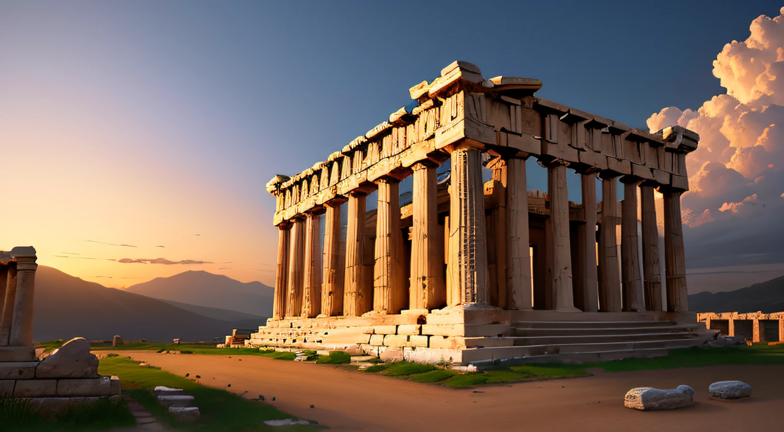 Arafed view of a large building with columns and a sky background - SeaArt AI