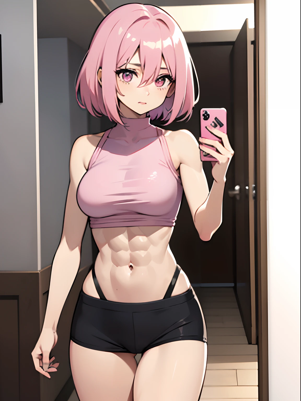 there is a woman with pink hair taking a selfie in a mirror, fit girl, physical : tinyest ...