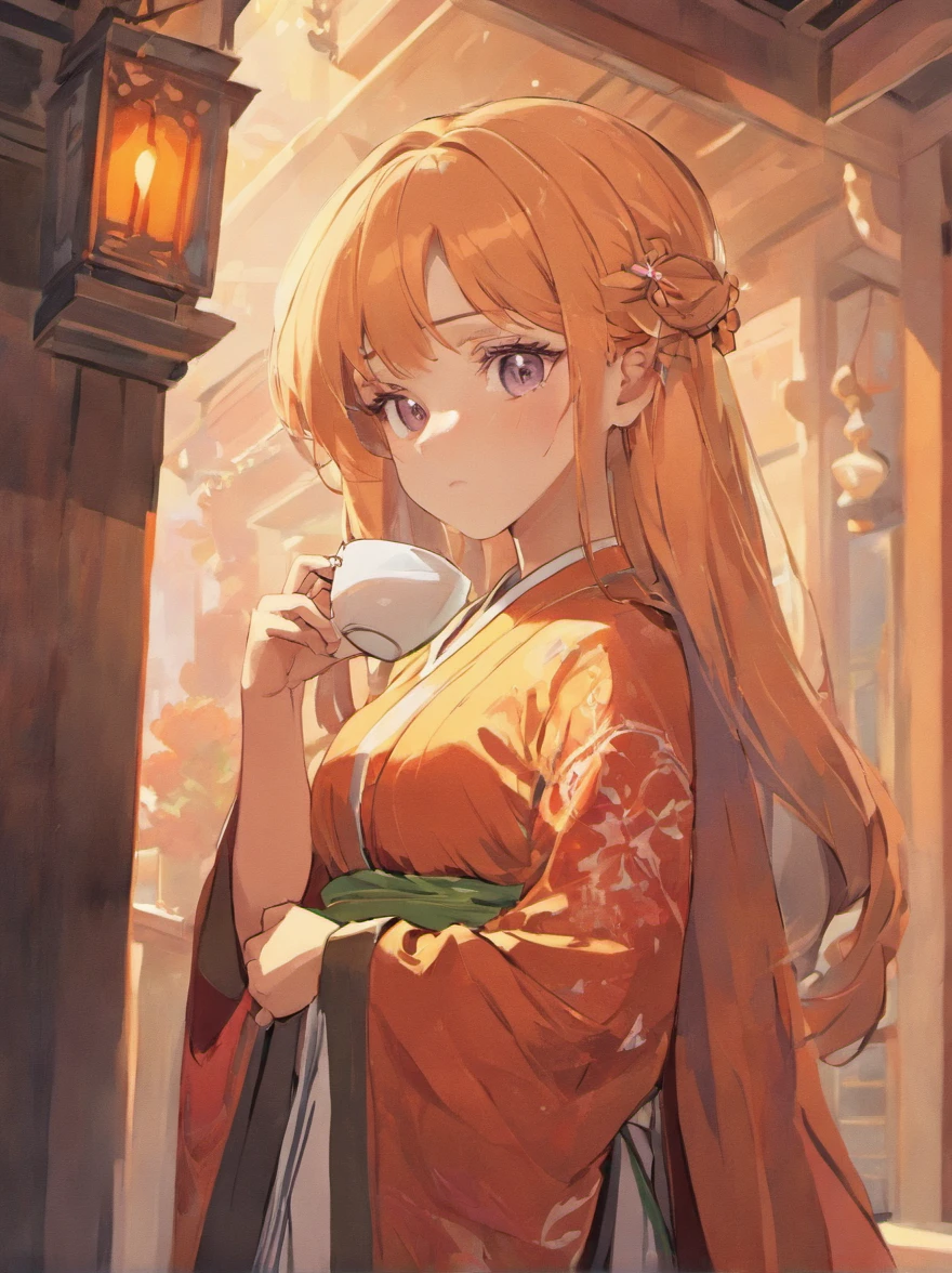 A woman in a kimono outfit holding a cup of coffee - SeaArt AI
