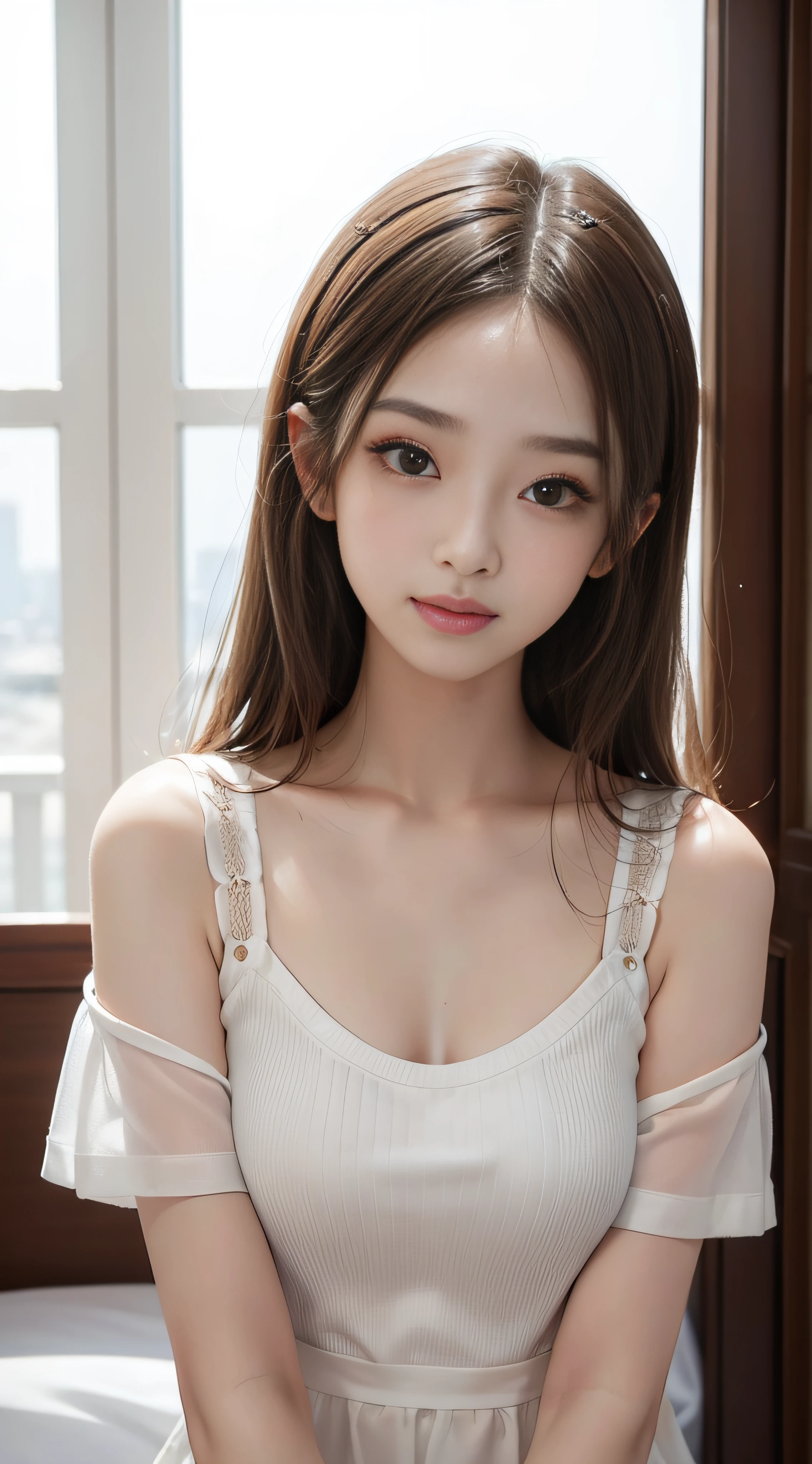 白いトップスを着た女性がベッドに座っている Seaart Ai