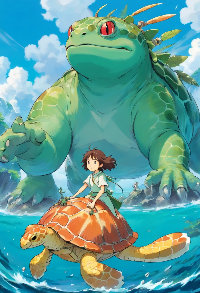 A beautiful fusion monster，Glans head，The limbs are frog palms，Carrying a turtle shell ...