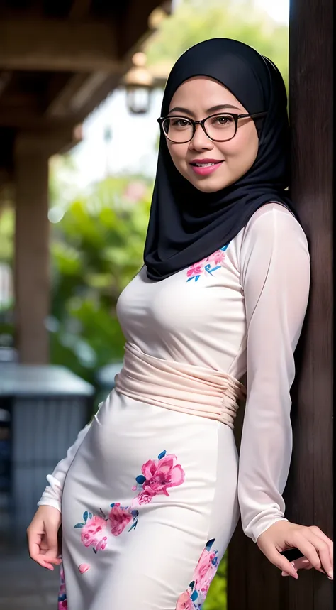 1 malay woman in hijab,((wear tight white baju kurung with small floral pattern)),(big buttocks ...