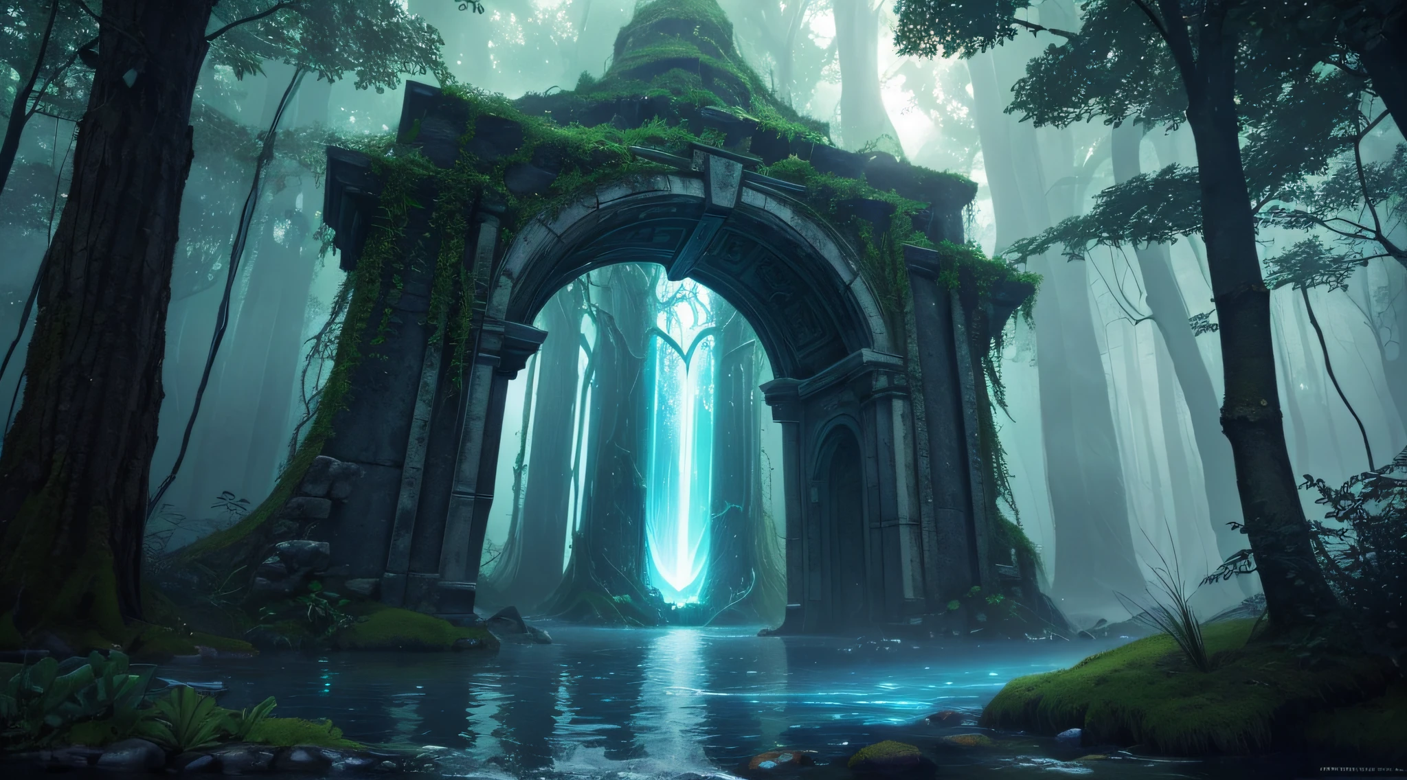 A large arch in the middle of a forest with a waterfall - SeaArt AI