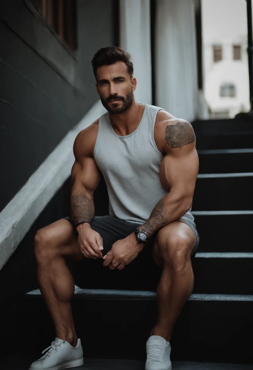 Híper realista, pelo oscuro, pecho peludo, Hombre arafed sentado en las escaleras de una casa ...