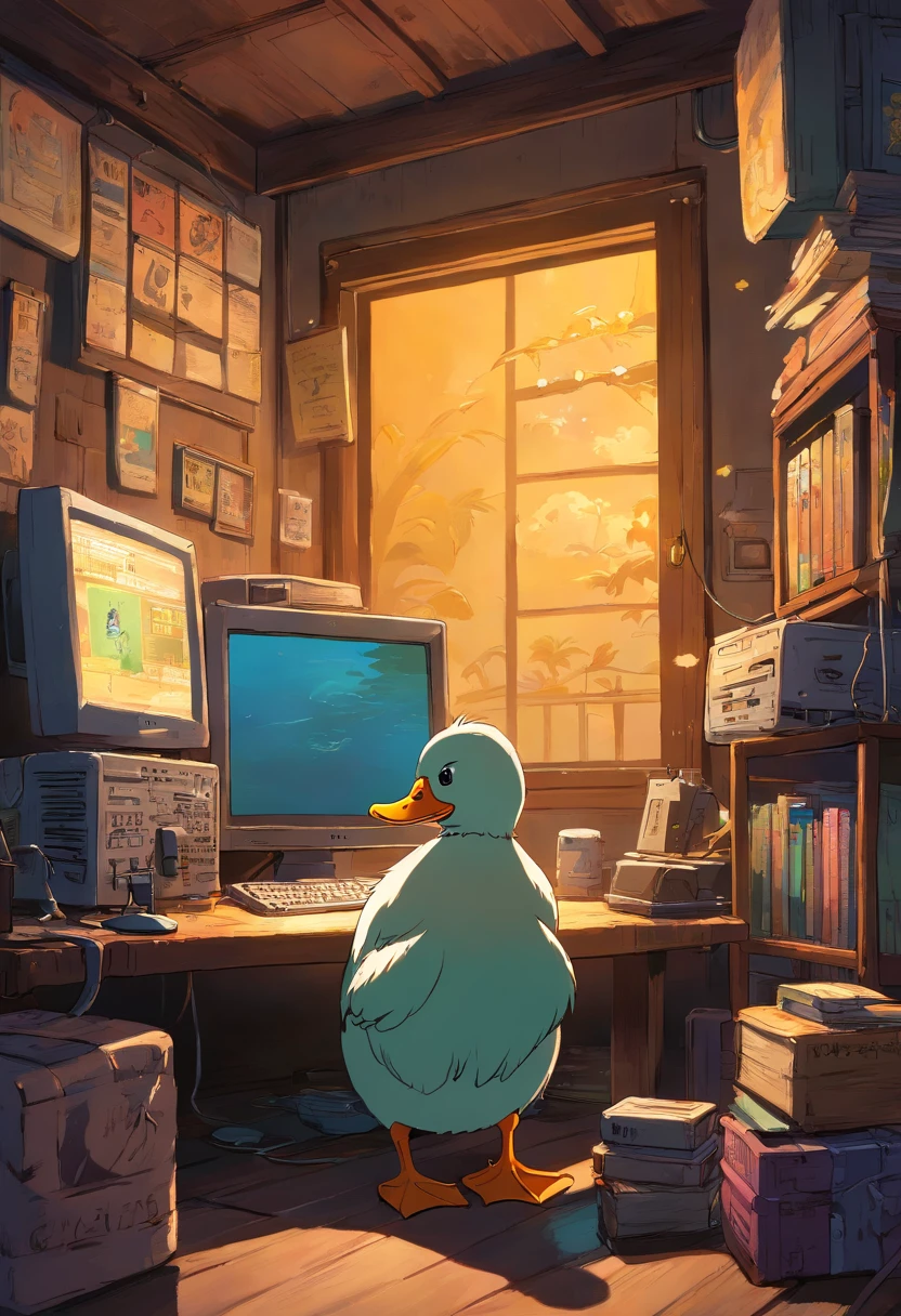 A duck using a computer in a very dark room、Keyboard and mouse to ...