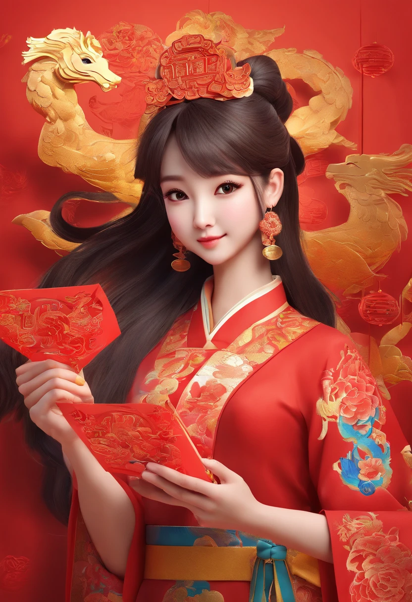 a girl handing out red envelopes with the twelve Chinese zodiac signs ...