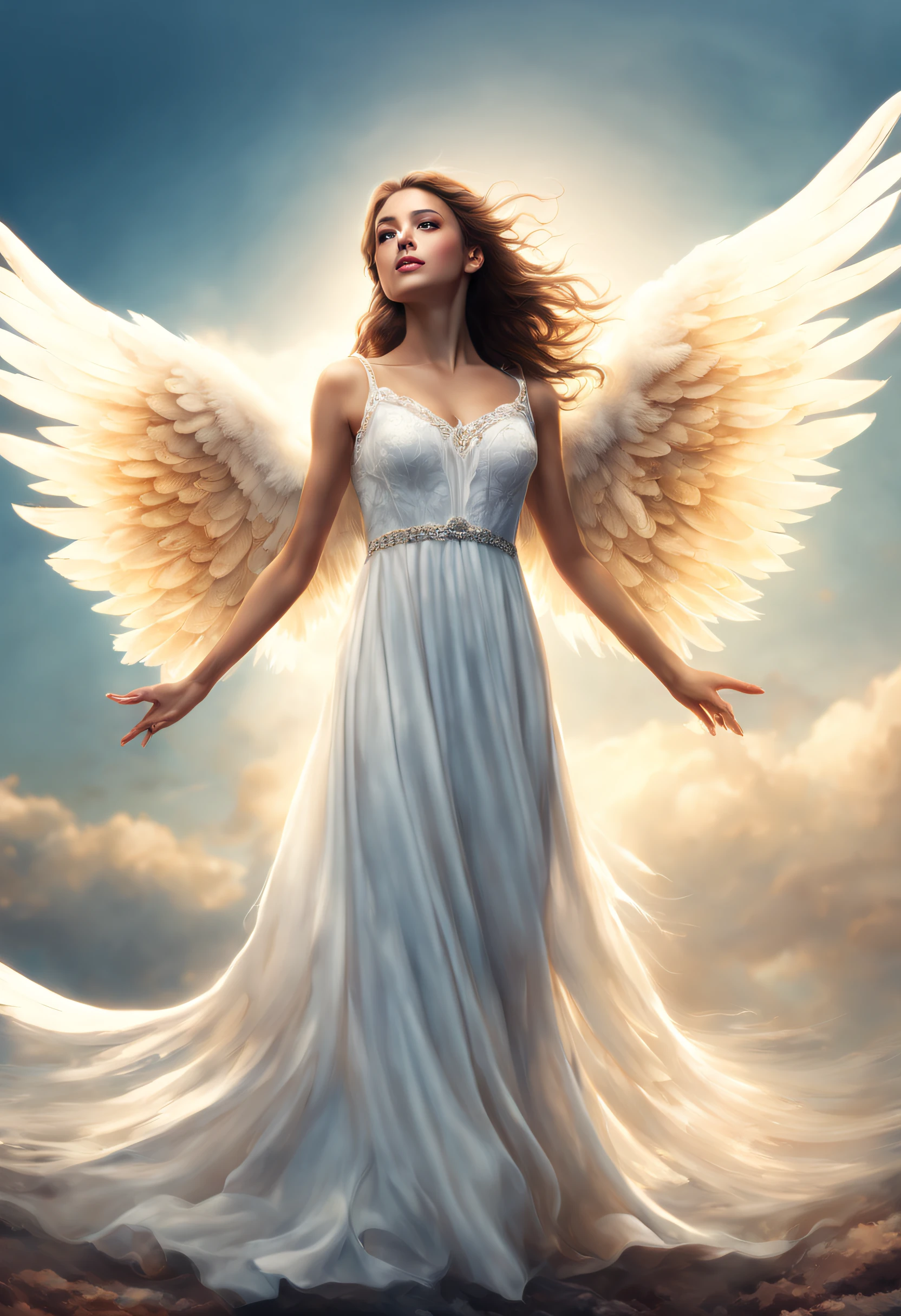 A woman in a white dress with angel wings standing on a rock - SeaArt AI