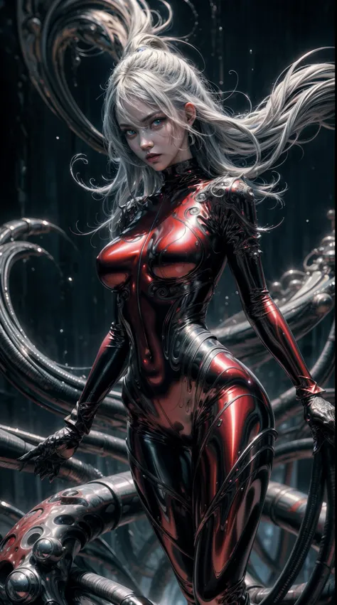 highly detailed full body portrait, erotic pose, beautiful succubus, wearing a metallic dripping ...