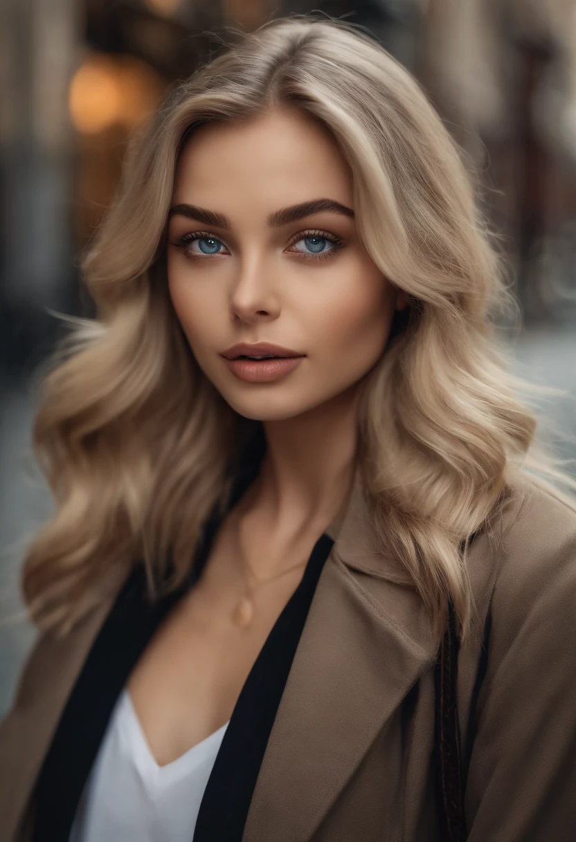 Una mujer con cabello rubio y ojos azules posando para una foto. - SeaArt AI