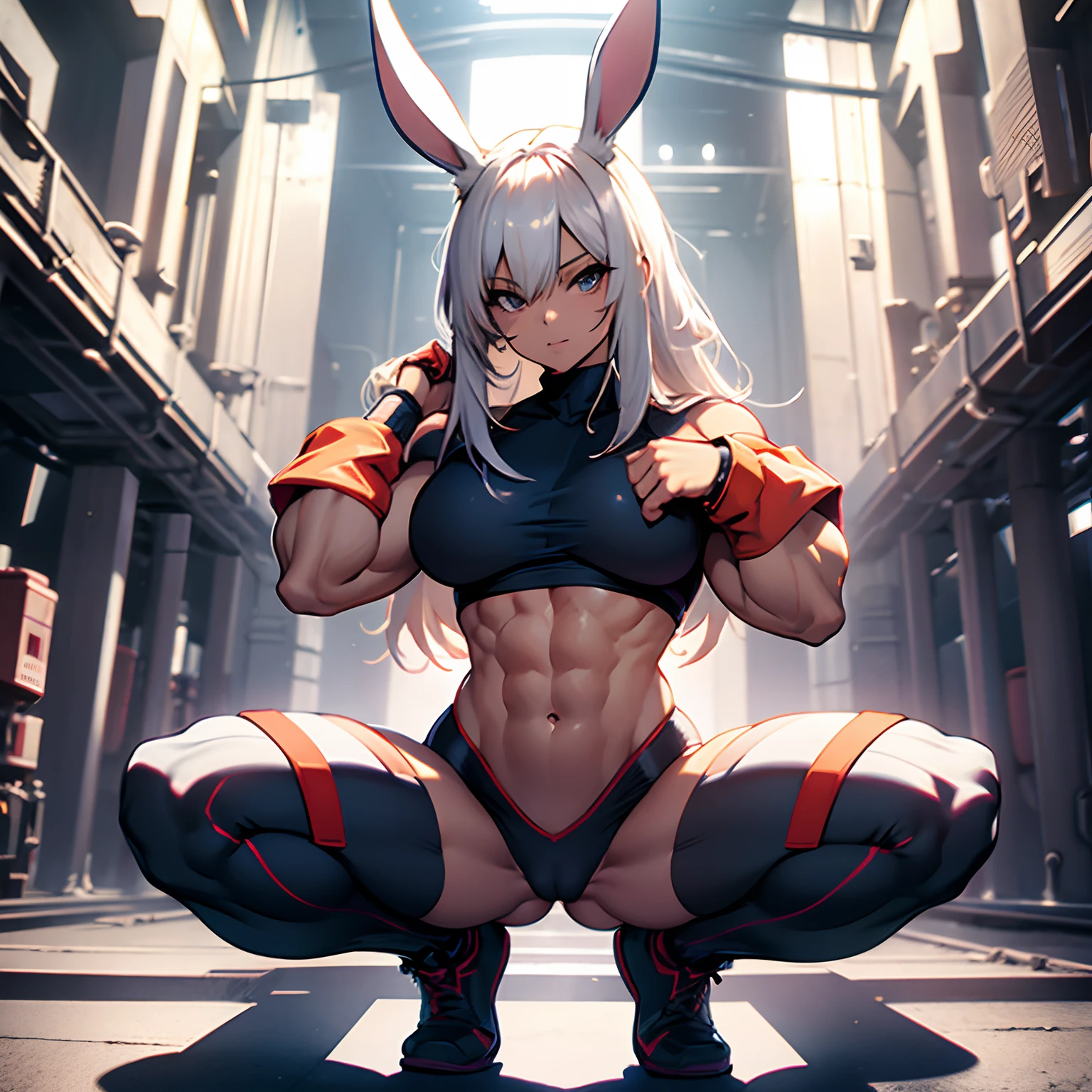 Muscular bunny girl flexing, squatting with crotch open - SeaArt AI