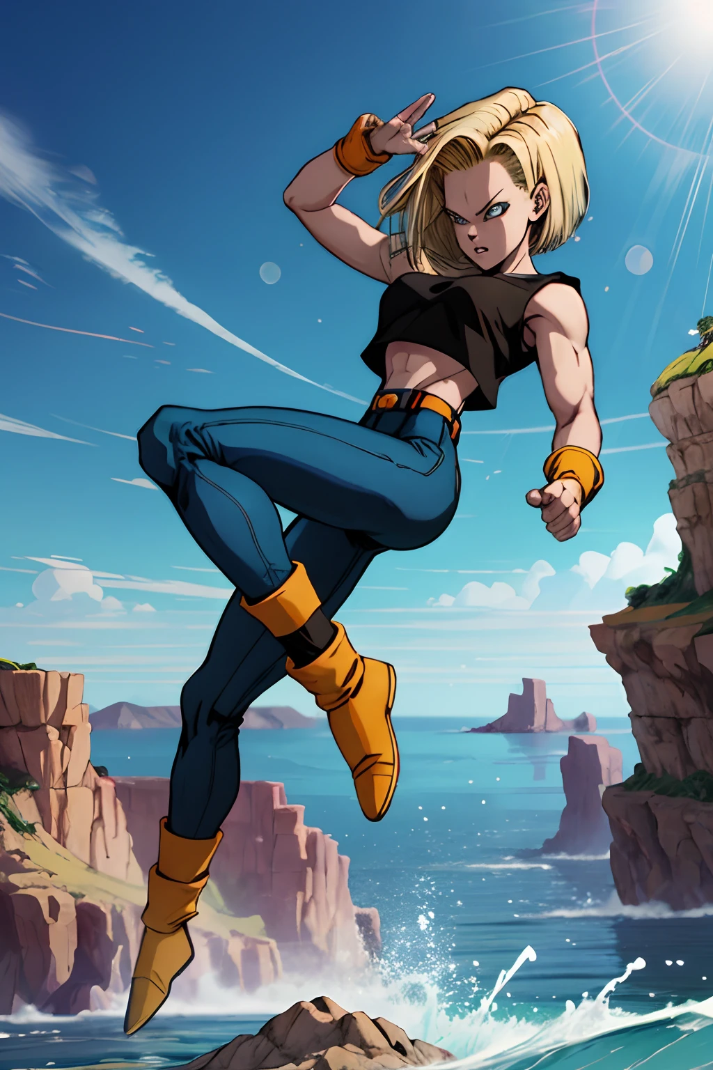 dbz, android 18, charging energy, floating above water, blue aura ...