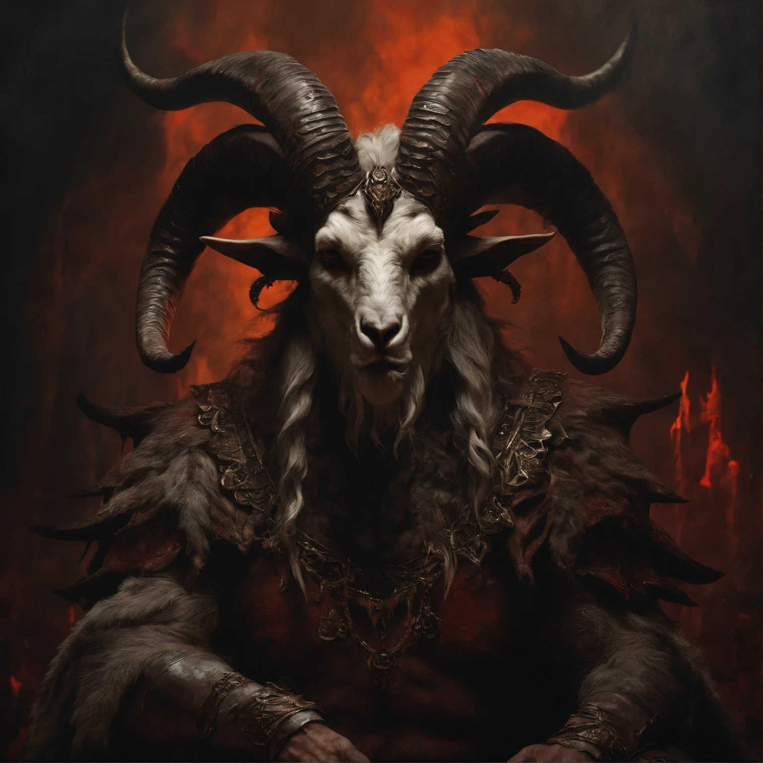 A close up of a goat with horns and a chain around its neck - SeaArt AI