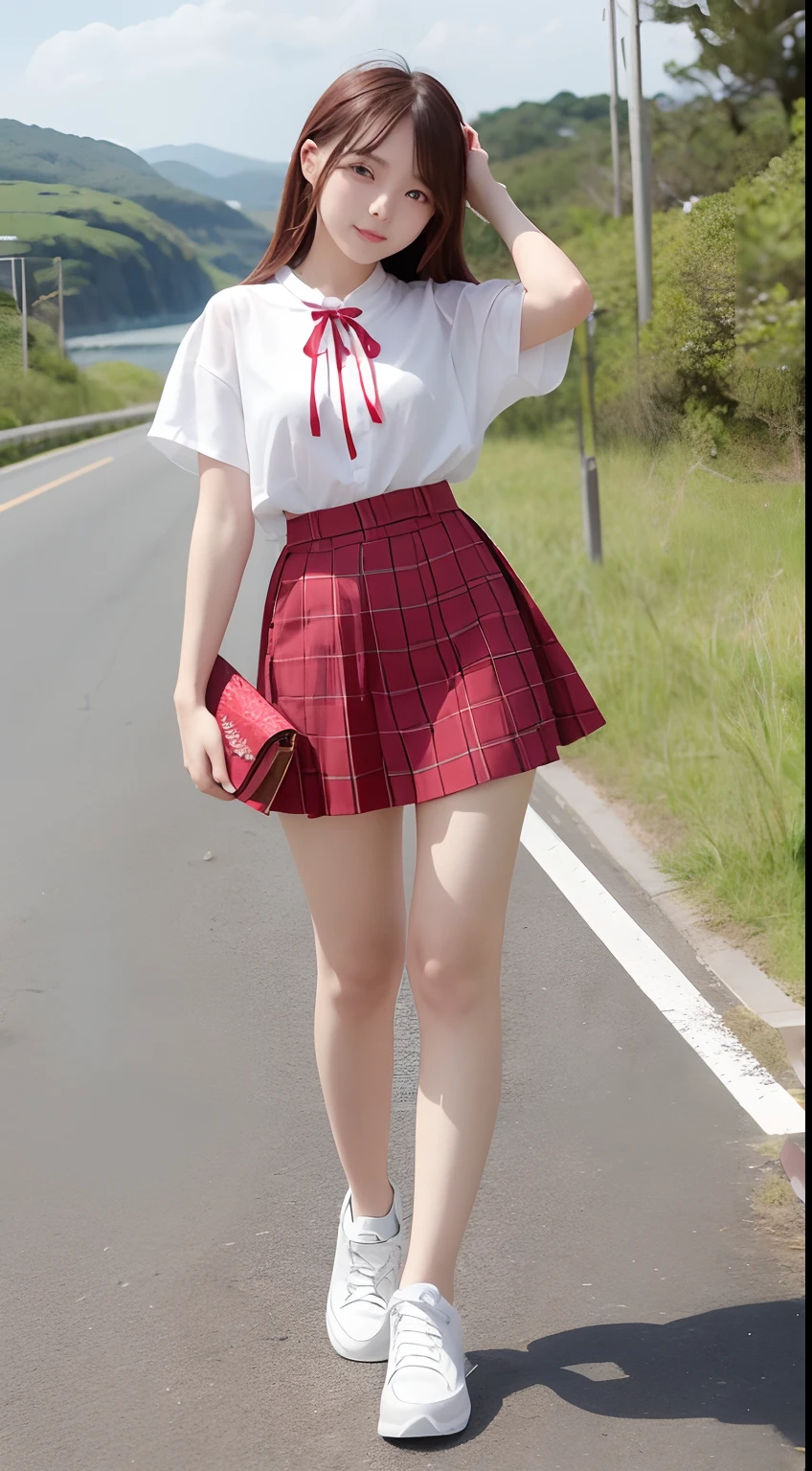 Arafed asian woman in a red skirt and white shirt walking down a road - SeaArt AI