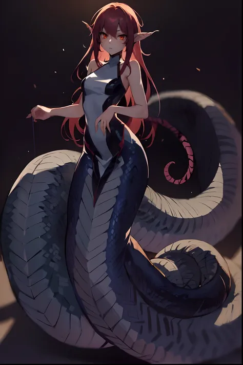 anime girl with red hair and a white shirt sitting on a large snake ...