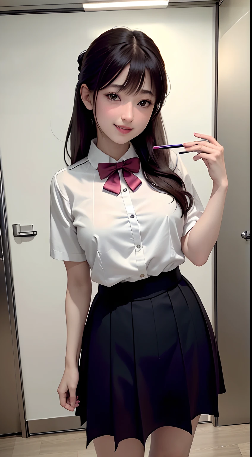 Arafed asian woman in a short skirt and bow tie holding a pen - SeaArt AI