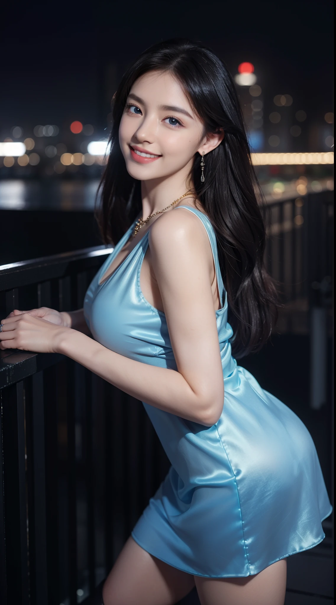 手すりの上でポーズをとる青いドレスを着た女性 - SeaArt AI