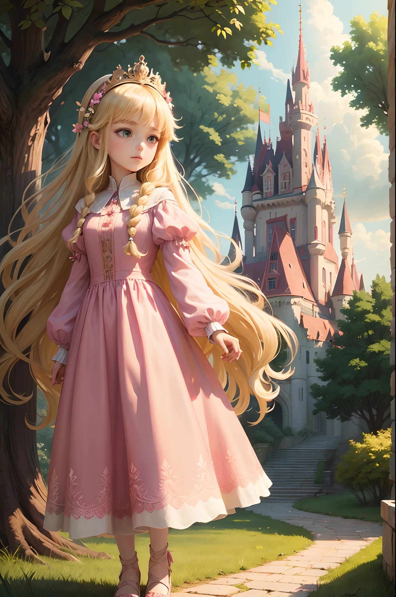A Close Up Of A Girl In A Pink Dress Standing In Front Of A Castle