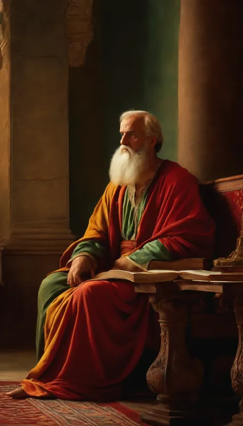 The apostle Paul looked at the screen, long clothes, Religion, Ultra realistic photo, 16:9 image ...