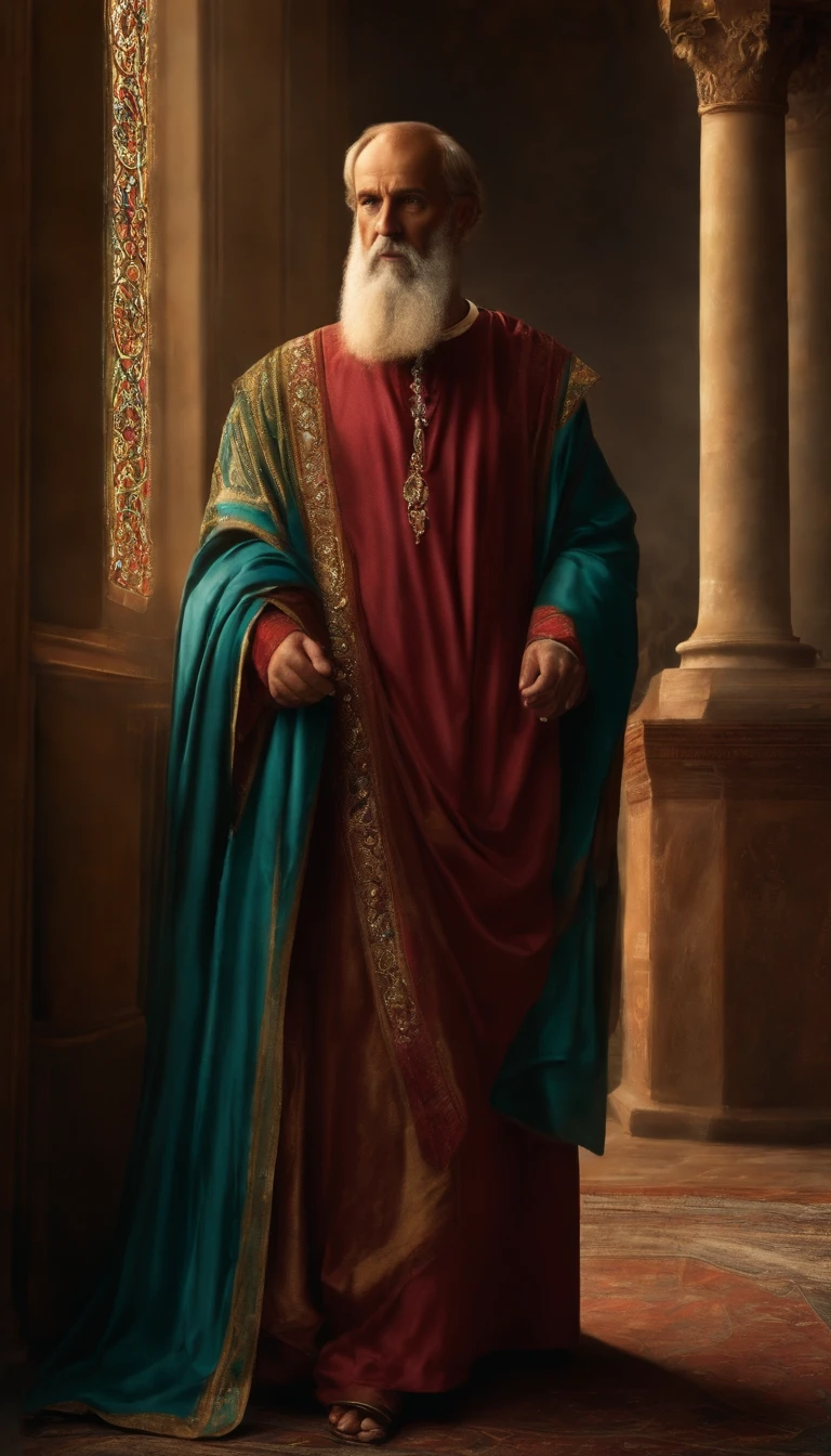 A man in a red and blue robe standing in a room - SeaArt AI