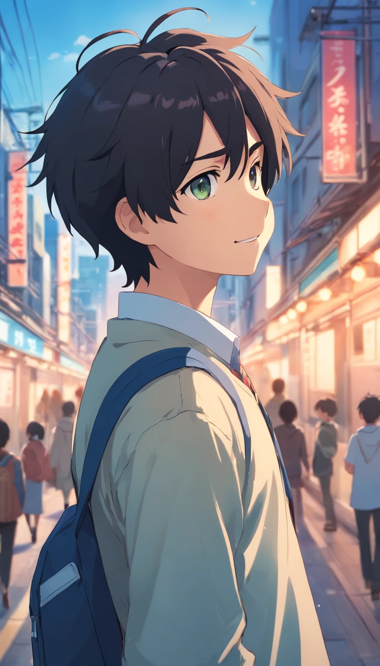 A man with a backpack standing in a crowded street - SeaArt AI